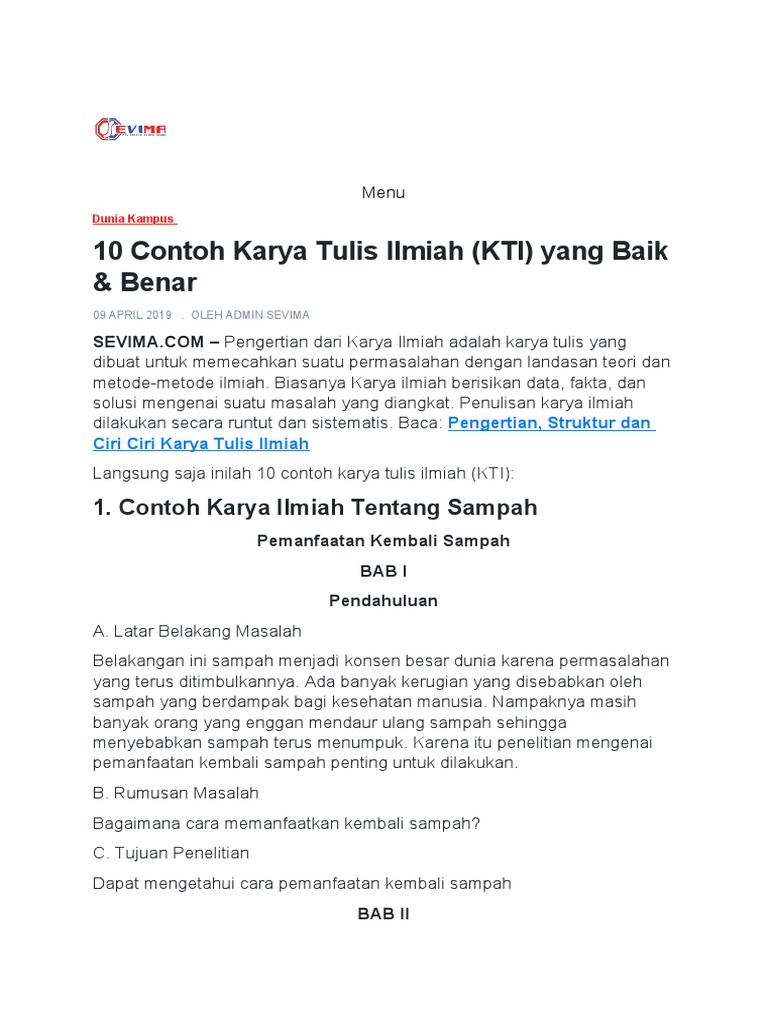 10 Contoh Karya Tulis Ilmiah (KTI) Yang Baik & Benar | PDF