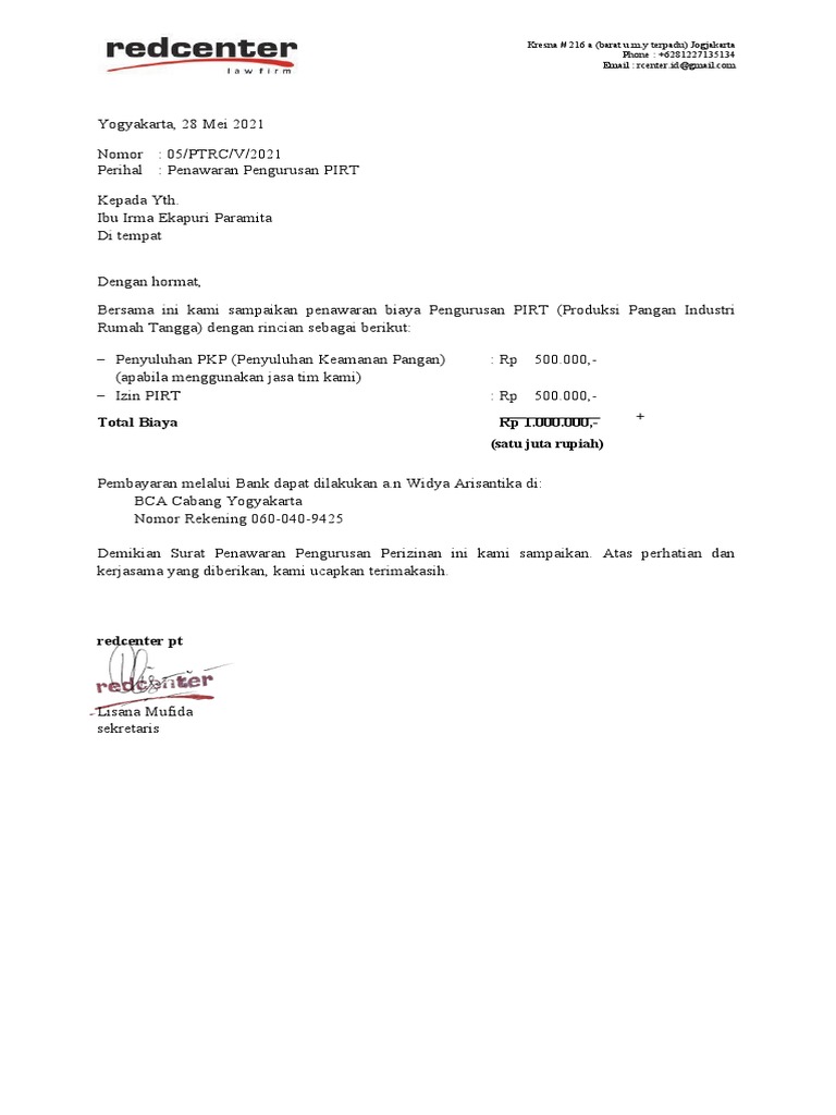 Surat Penawaran Pengurusan PIRT | PDF