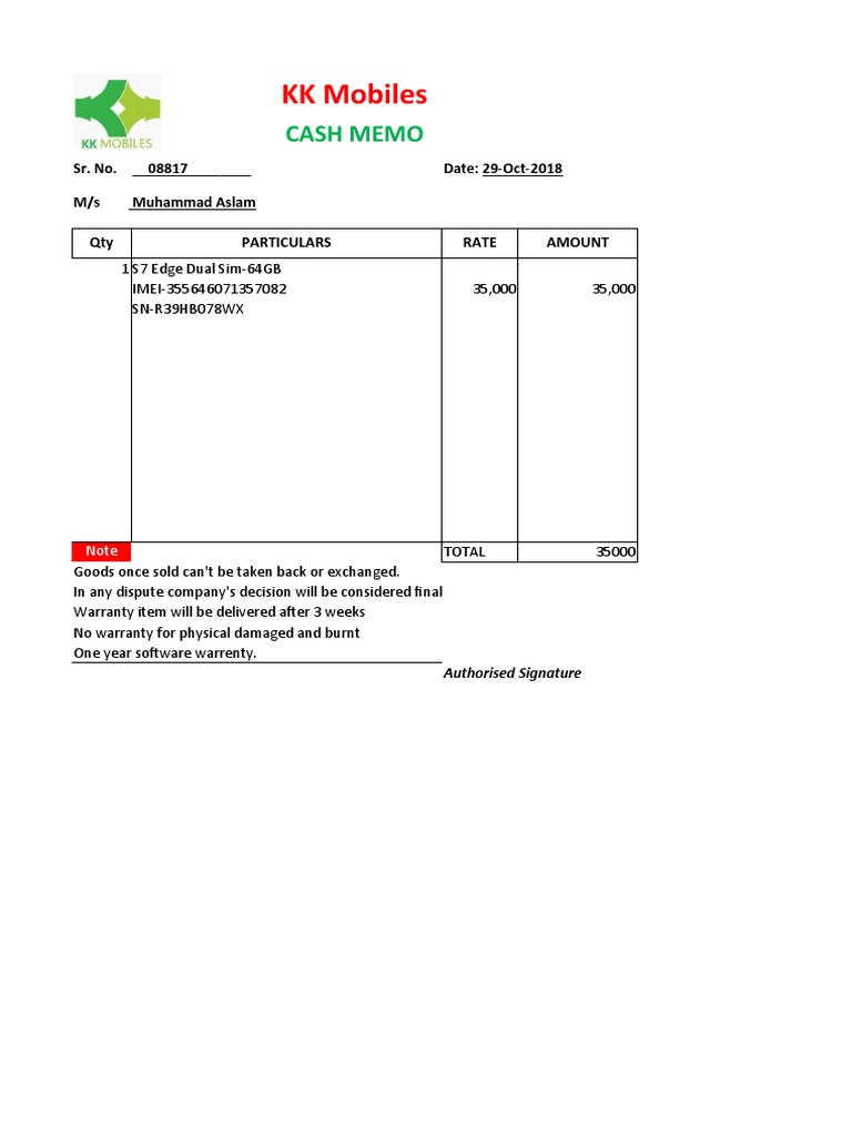 Cash Memo For Mobile Shop in Excel | PDF