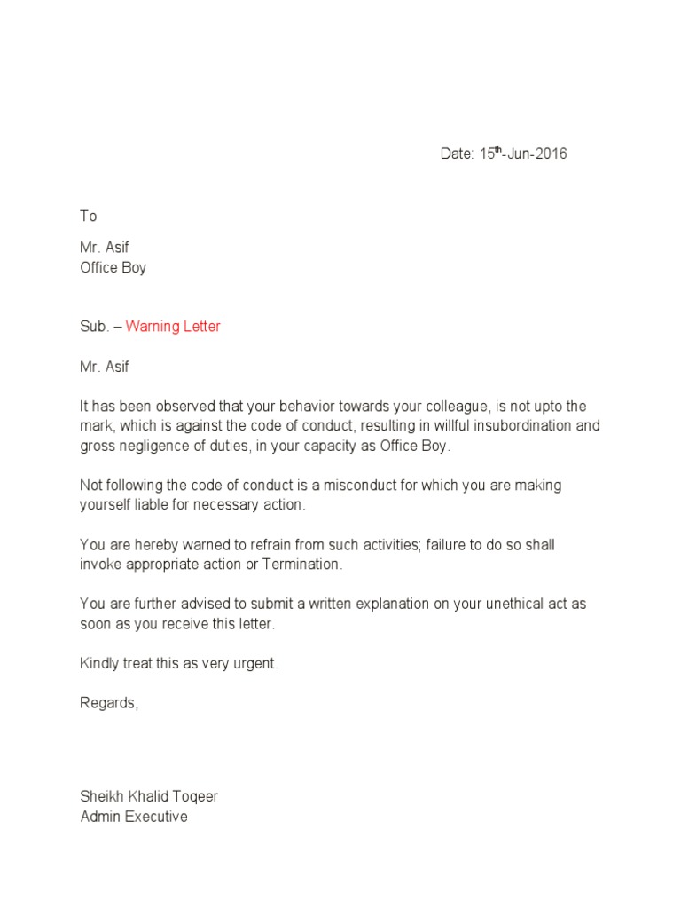 Warning Letter Mr. Asif Office Boy | PDF