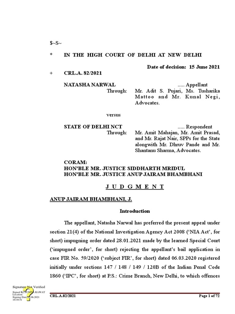 Natasha Narwal Bail Order | PDF | Bail | Arrest