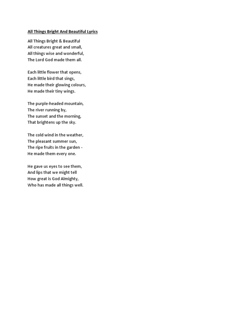 All Things Bright and Beautiful Lyrics | PDF | Home & Garden | Science ...