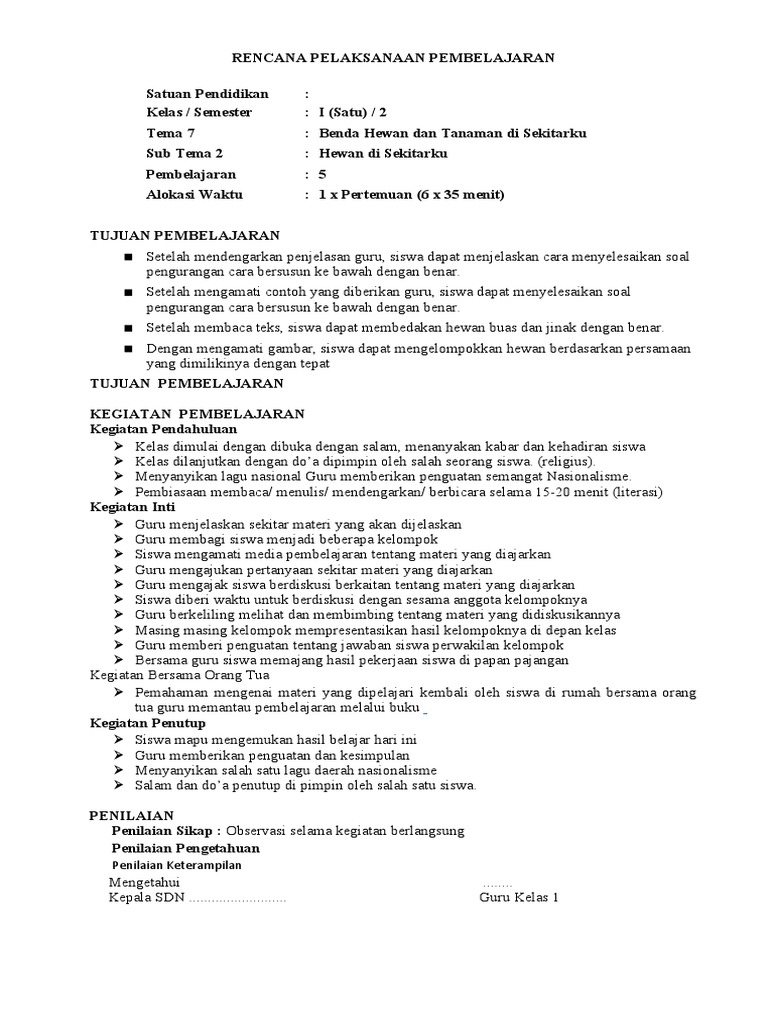 RPP 1 Lembar Kelas 1 Tema 7 Subtema 2 P5 | PDF