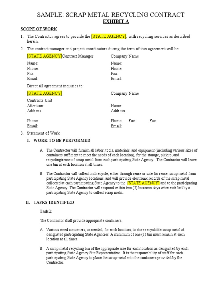 Sample: Scrap Metal Recycling Contract: Exhibit A | PDF | Security ...