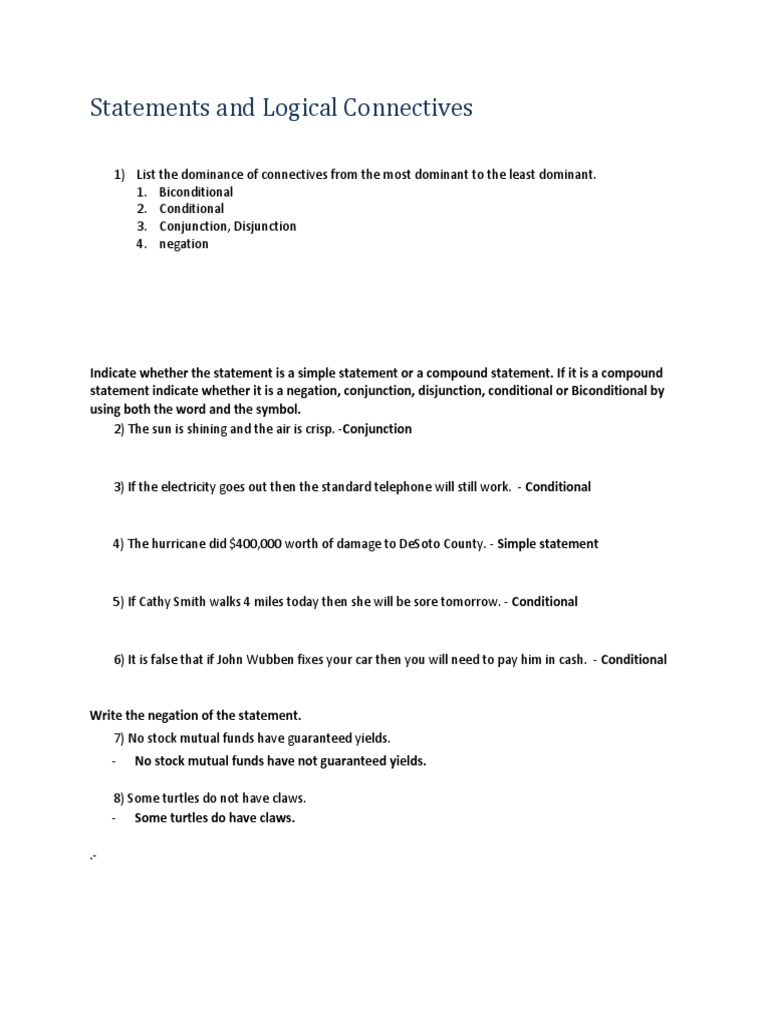 Statements and Logical Connectives Worksheet | PDF | Logic ...