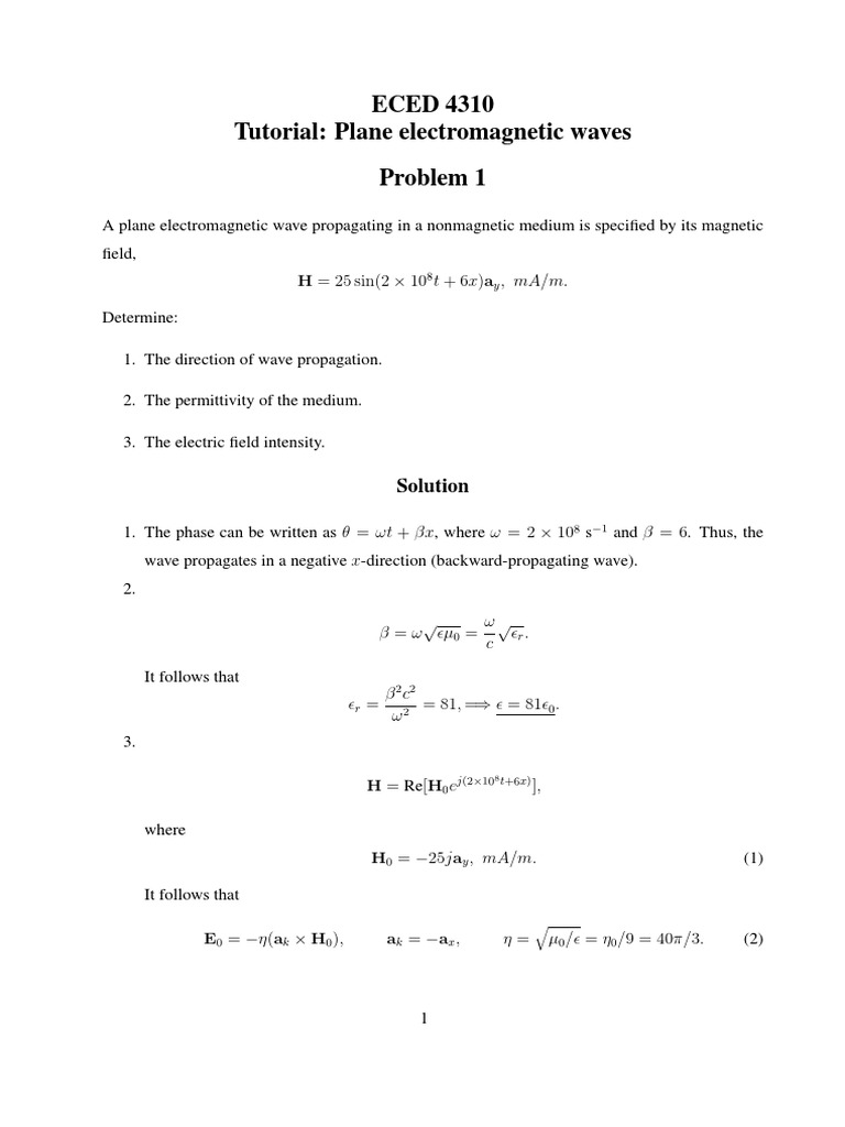 ECED 4310 Tutorial: Plane Electromagnetic Waves Problem 1: Solution ...