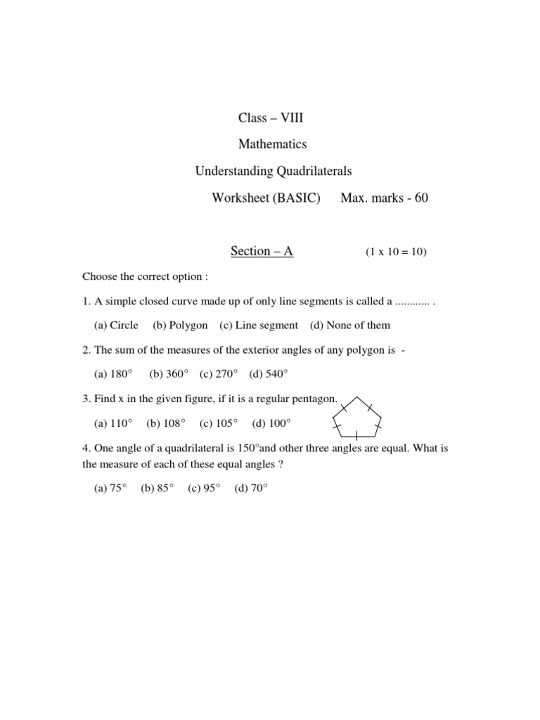 WORKSHEET-understanding Quadrilaterals - Class 8 | PDF | Rectangle ...