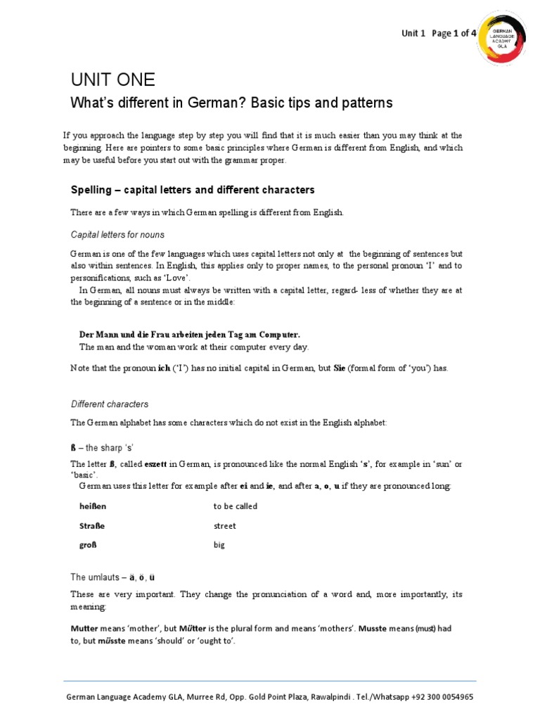 Unit One: What's Different in German? Basic Tips and Patterns | PDF ...