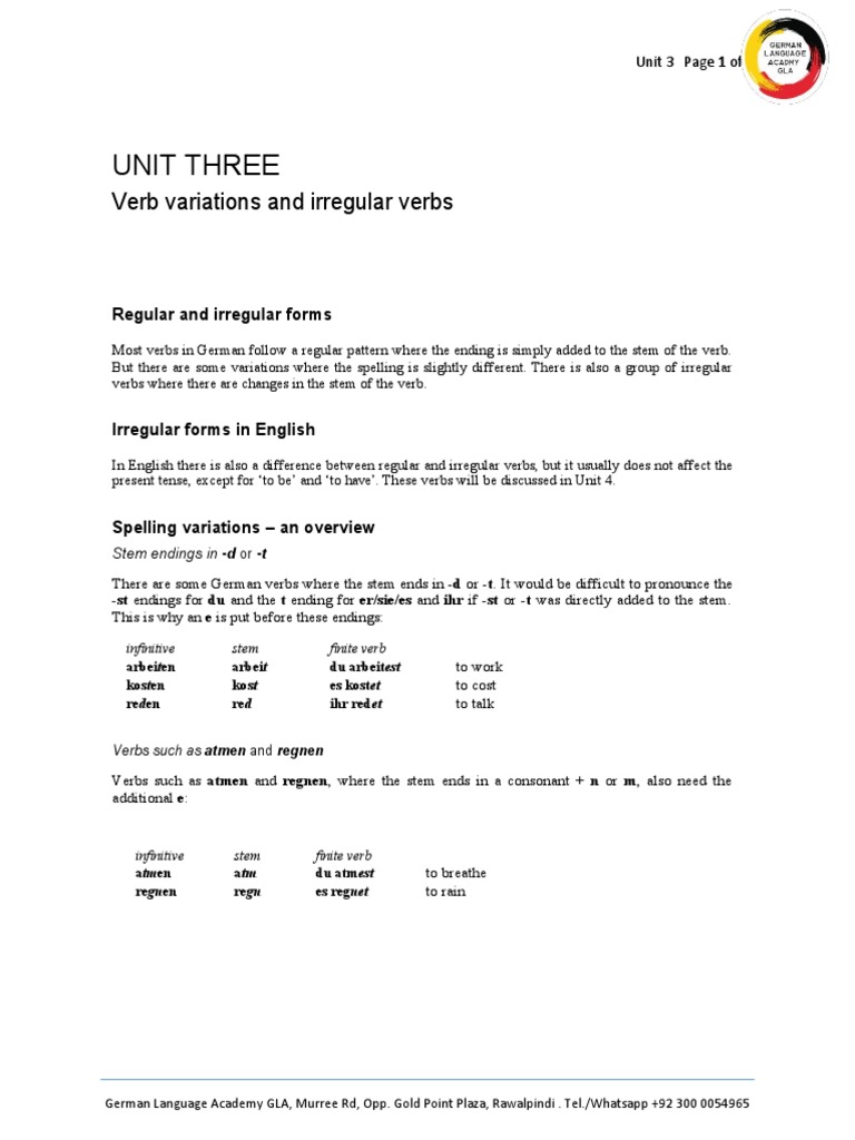 Unit Three: Verb Variations and Irregular Verbs | PDF | Language Mechanics | Semantics