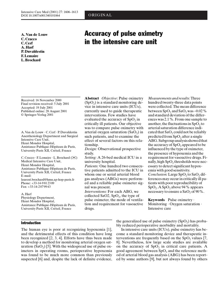 Accuracy of Pulse Oximetry in The Intensive Care Unit: Original | PDF ...