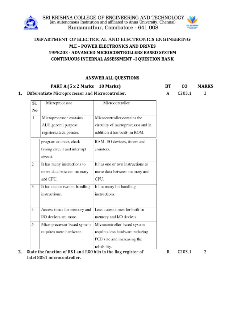 Advanced Microcontrollers Based Systems Question Bank | PDF | Microcontroller | Computer Data
