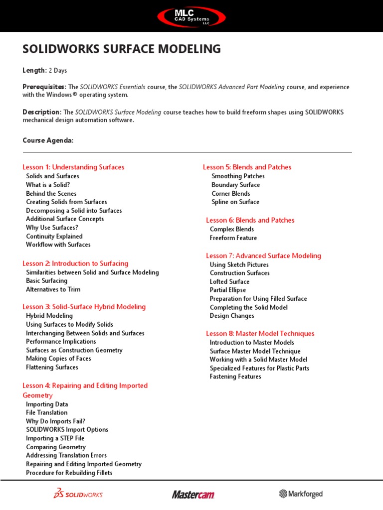 Solidworks Surface Modeling: Length: Prerequisites: Description | PDF ...