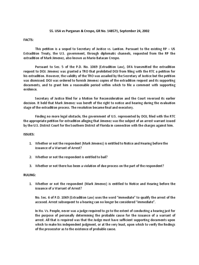 Extradition Case: USA vs Jimenez Ruling | PDF | Extradition | Bail
