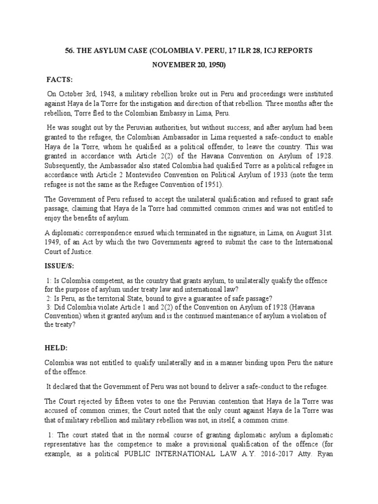Colombia v. Peru Asylum Case Summary | PDF | Refugee | International Law