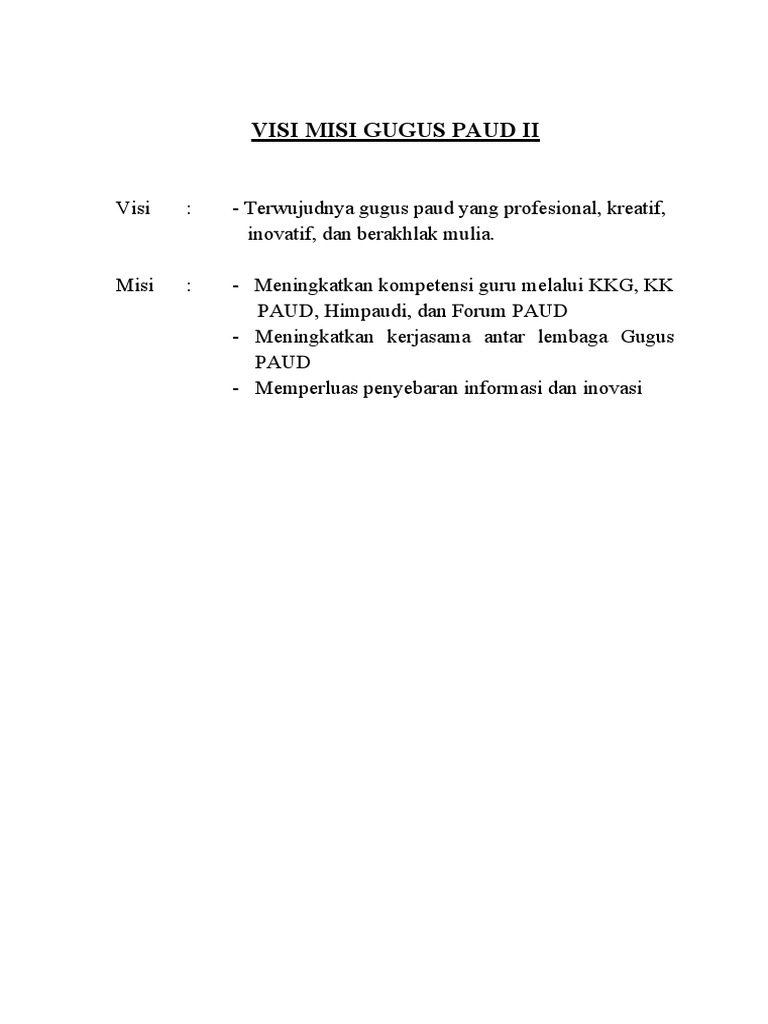 Visi Misi Gugus PAUD II 2024 | PDF