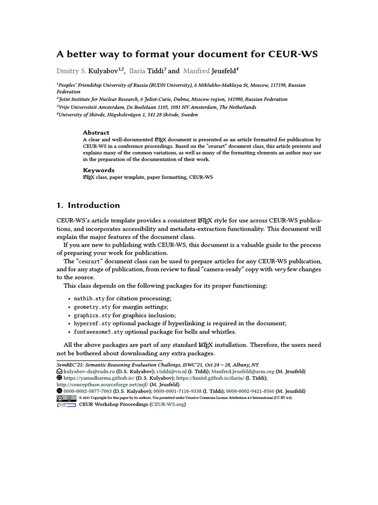 A Better Way To Format Your Document For CEUR-WS: Dmitry S. Ilaria ...