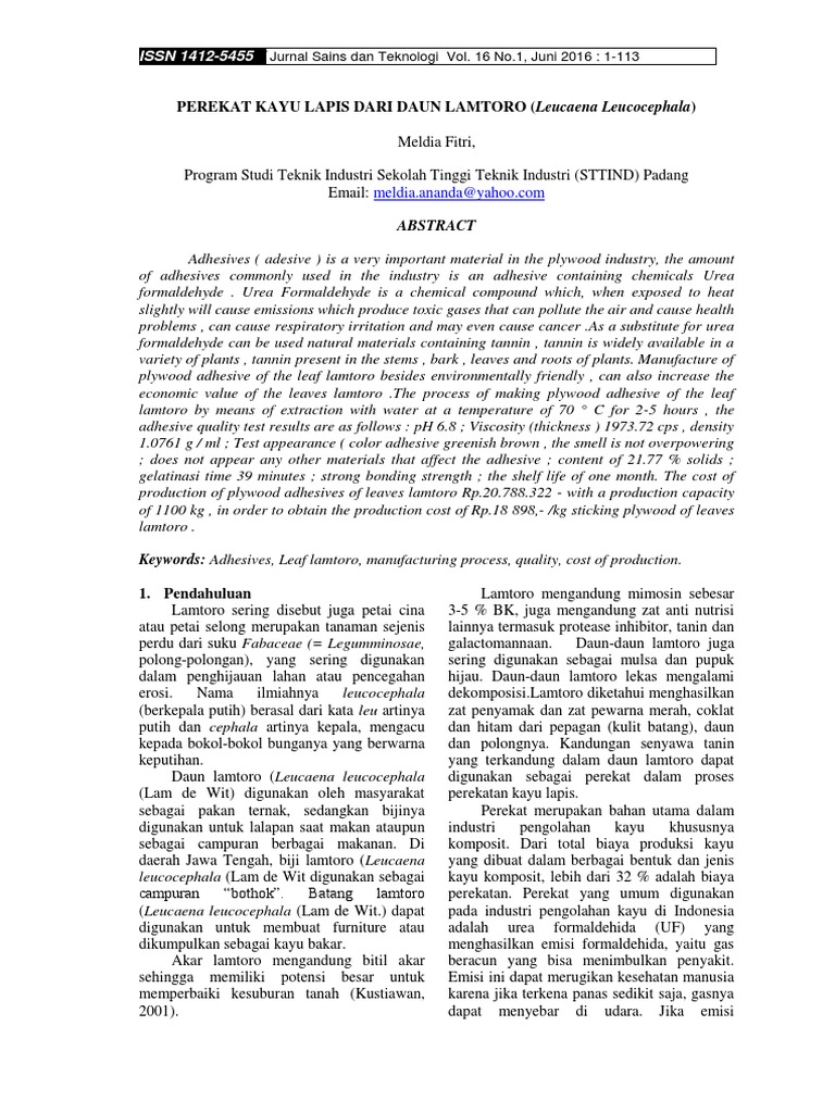 PEREKAT KAYU LAPIS DARI DAUN LAMTORO (Leucaena Leucocephala) | PDF ...