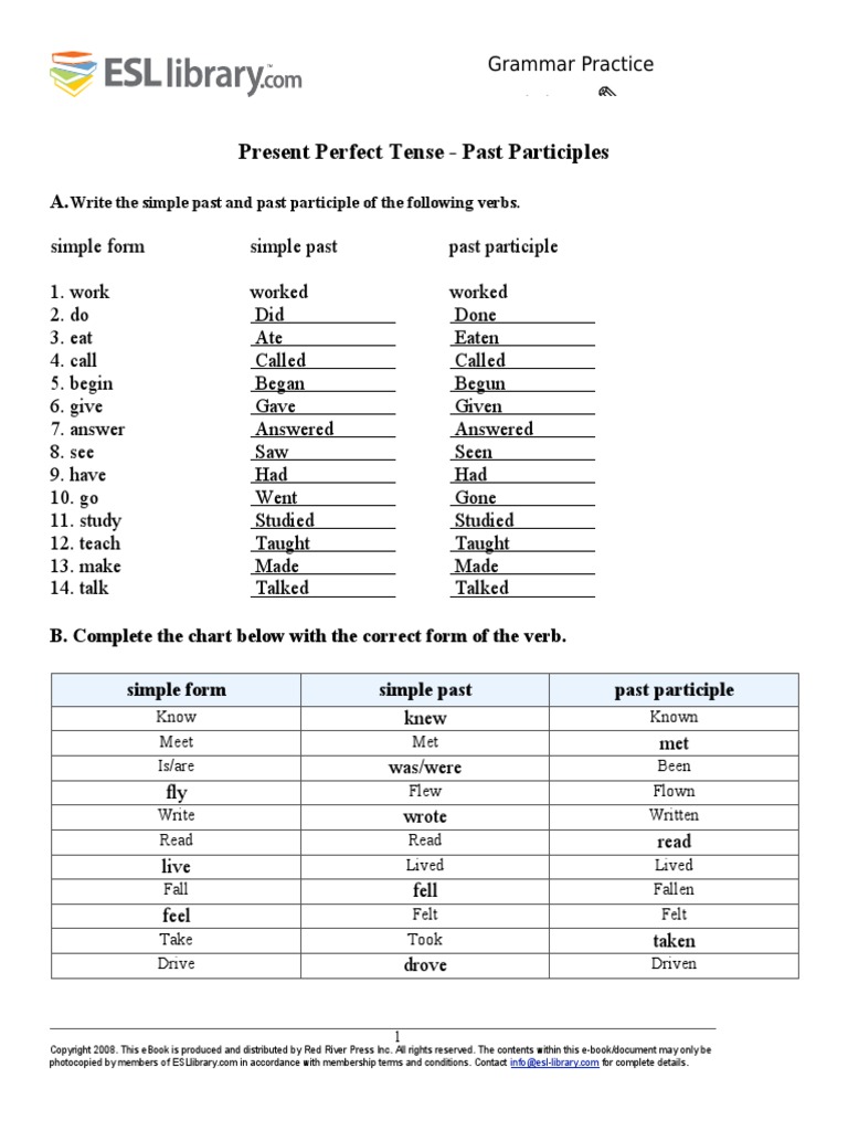Present Perfect Tense - Past Participles: Write The Simple Past and ...