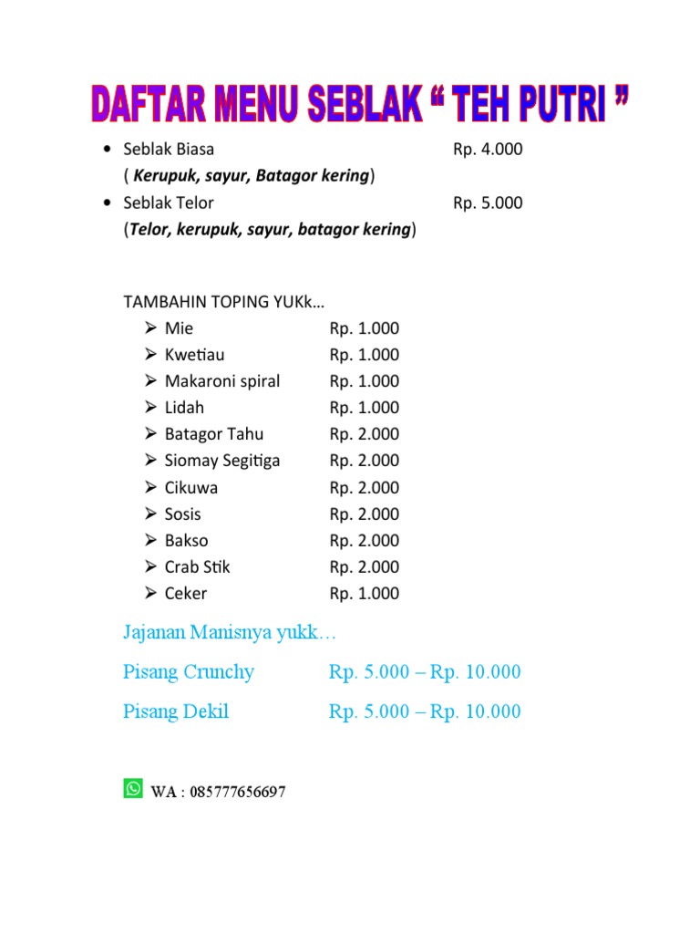 Menu Seblak dan Jajanan Murah | PDF | Memasak, Makanan, & Anggur ...