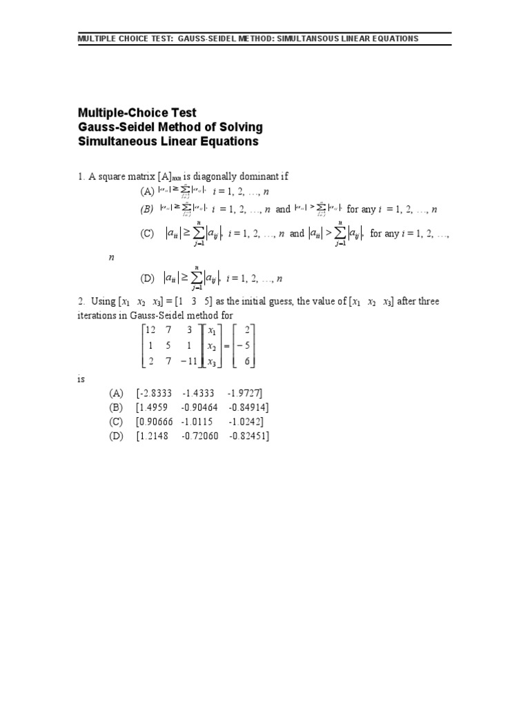 Multiple-Choice Test Gauss-Seidel Method of Solving Simultaneous Linear ...