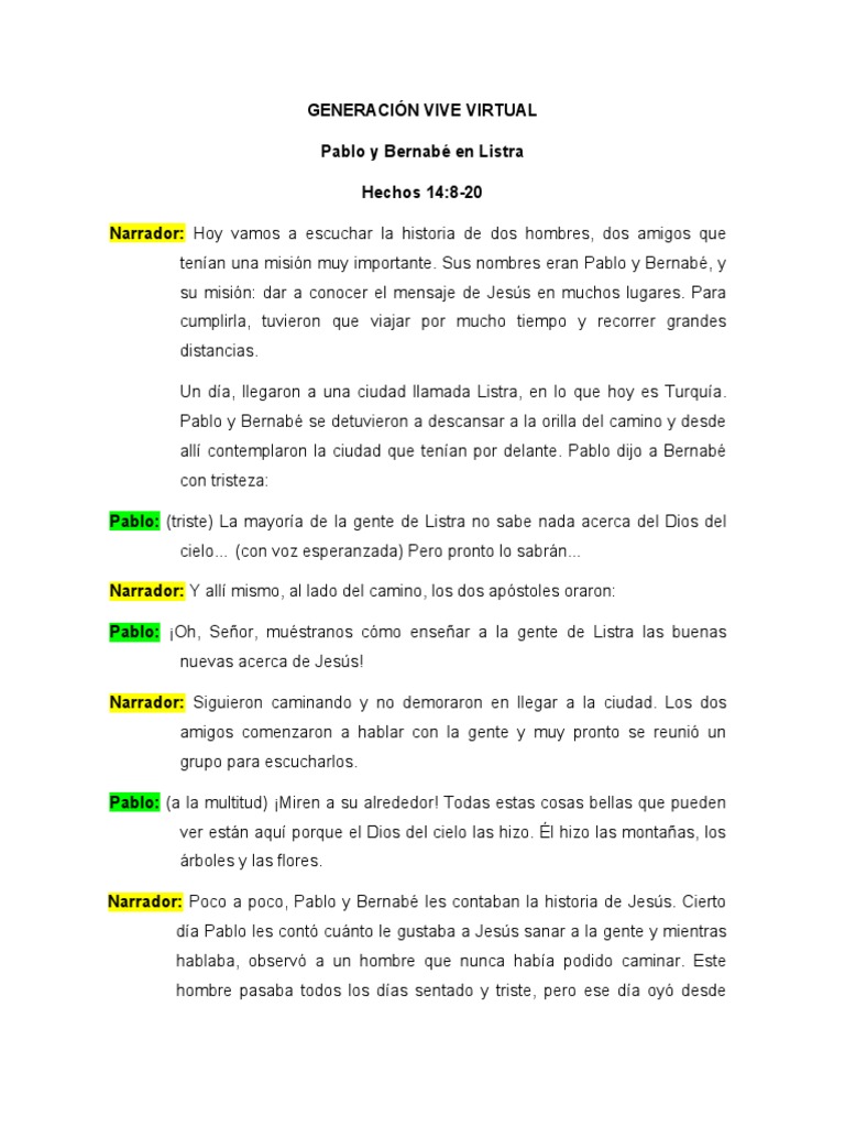 GUIÓN - Pablo y Bernabé en Listra - GenVive050420 | PDF | Bernabé ...