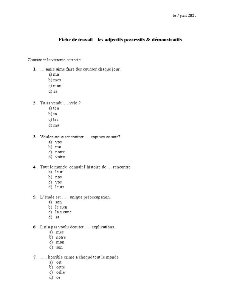 Fiche de travail : Adjectifs possessifs | PDF | Maison et jardin