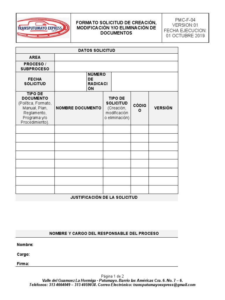 PMC-F-04 Formato Solicitud de Creación, Modificación y Eliminación de ... PMC-F-04 Formato Solicitud de Creación, Modificación y Eliminación de ...