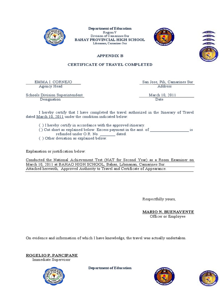 Appendix B Certificate of Travel Completed: Department of Education ...