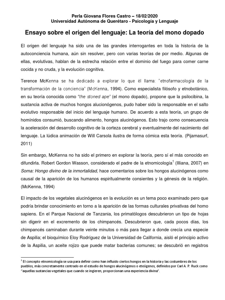 Ensayo Del Origen Del Lenguaje TEORIA DEL MONO DOPADO - Perla Flores ...