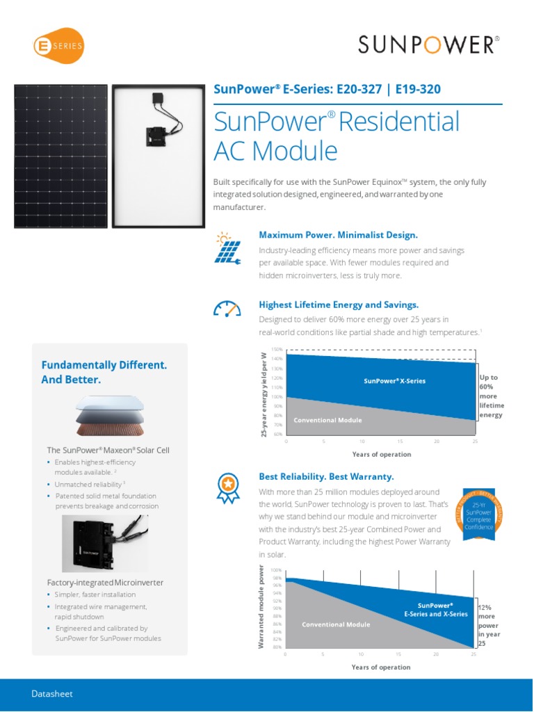 Sunpower Residential Ac Module: Sunpower E-Series: E20-327 - E19-320 ...