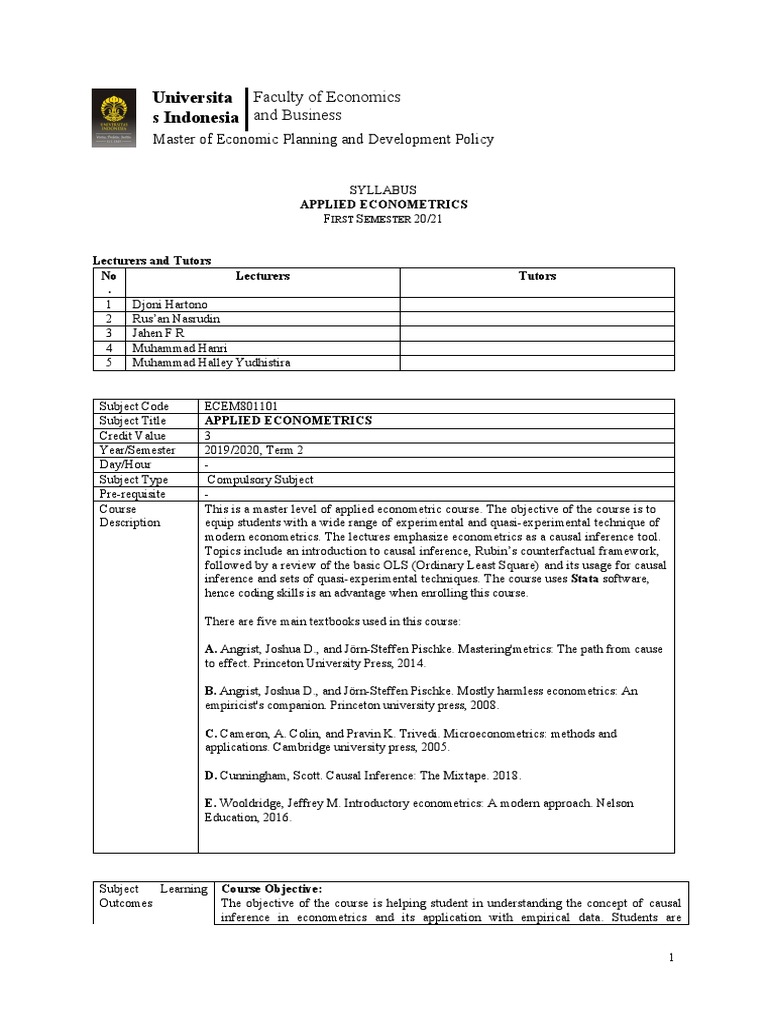 Applied Econometrics - Syllabus - MPPP - 20 - 21 | PDF | Ordinary Least Squares | Regression ...