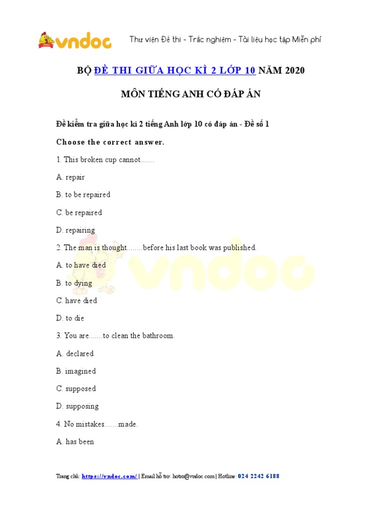 De Kiem Tra Giua Hoc Ky 2 Mon Tieng Anh Lop 10 THPT Nguyen Trai Thai Binh | PDF | Classical ...