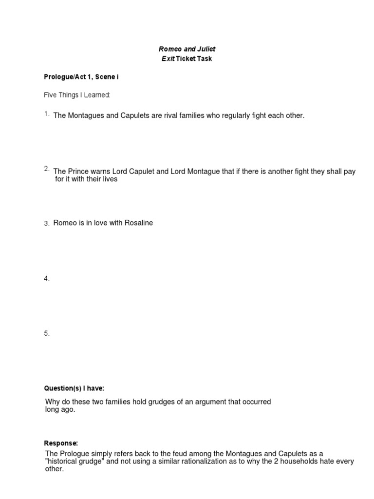 Romeo and Juliet - Exit Tickets | PDF | Characters In Romeo And Juliet ...