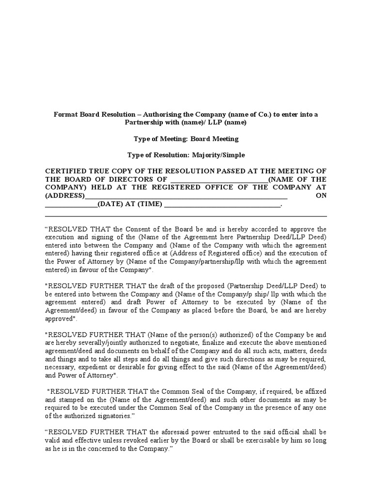 Format Board Resolution Enter Into Partnership | PDF | Power Of Attorney | Deed