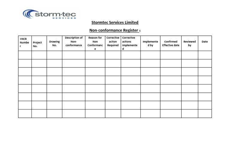 Stormtec Services Limited Non-Conformance Register: X XNCR | PDF | Business