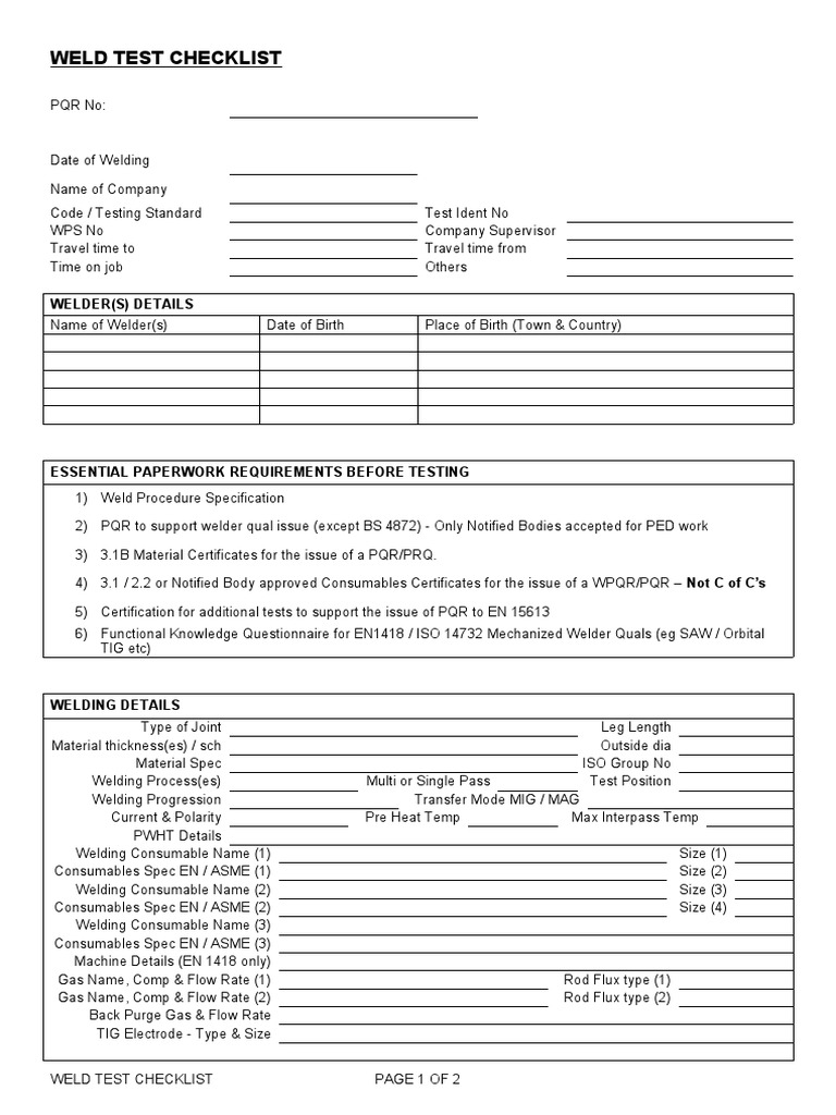 Weld Test Checklist | PDF | Welding | Construction