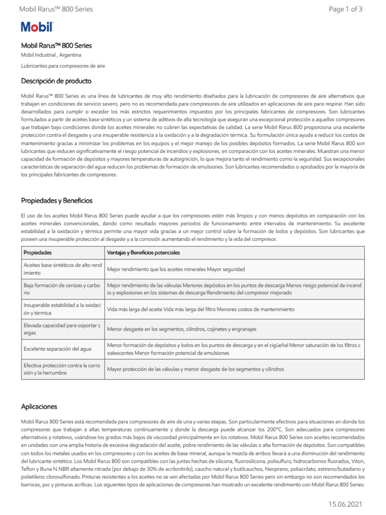 Mobil Rarus 800 Series | PDF | Lubricante | Petróleo