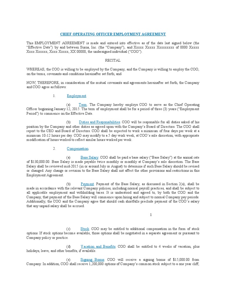 Chief Operating Officer Employment Agreement | Download Free PDF ...