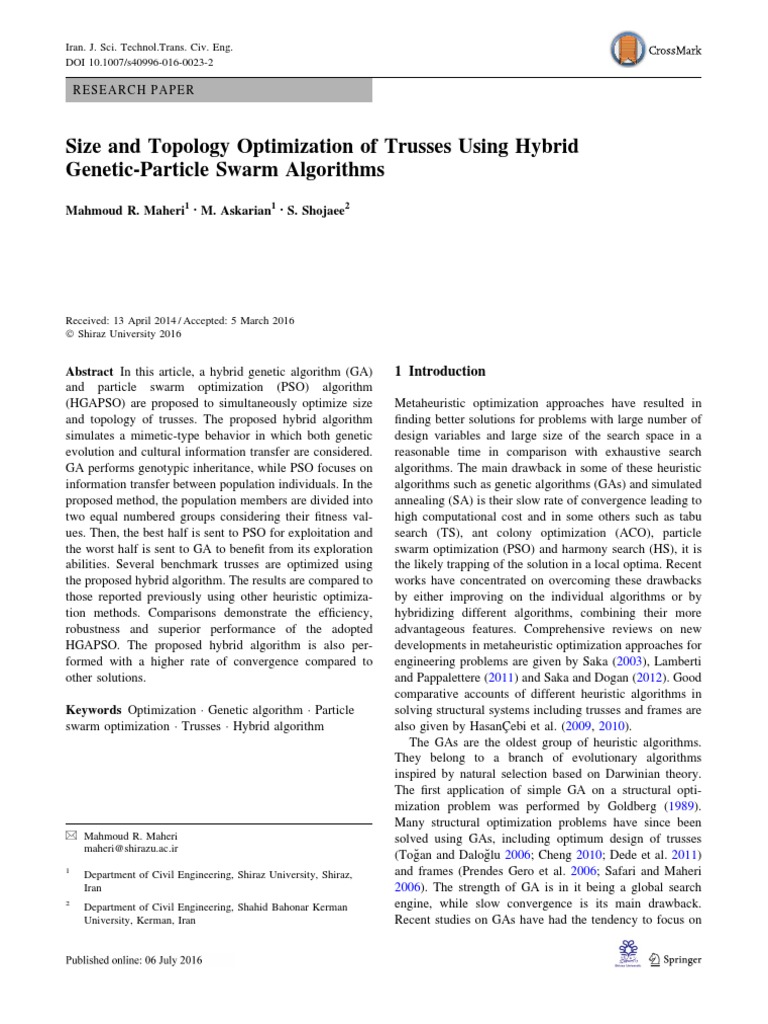 Size And Topology Optimization Of Trusses Using Hybrid Genetic Particle Swarm Algorithms Pdf