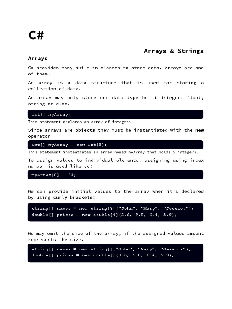 C# Arrays & Strings Guide | PDF | Array Data Structure | Integer (Computer Science)