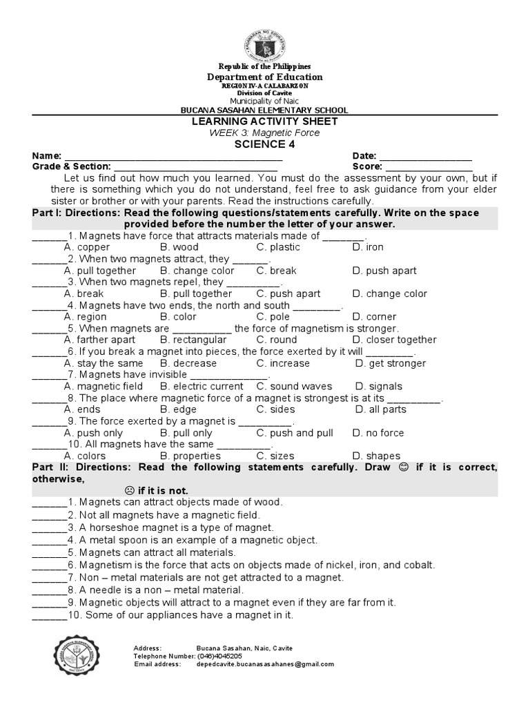 Activity Sheet in Sci4 MAPEH4 Week 3 | PDF | Magnet | Force