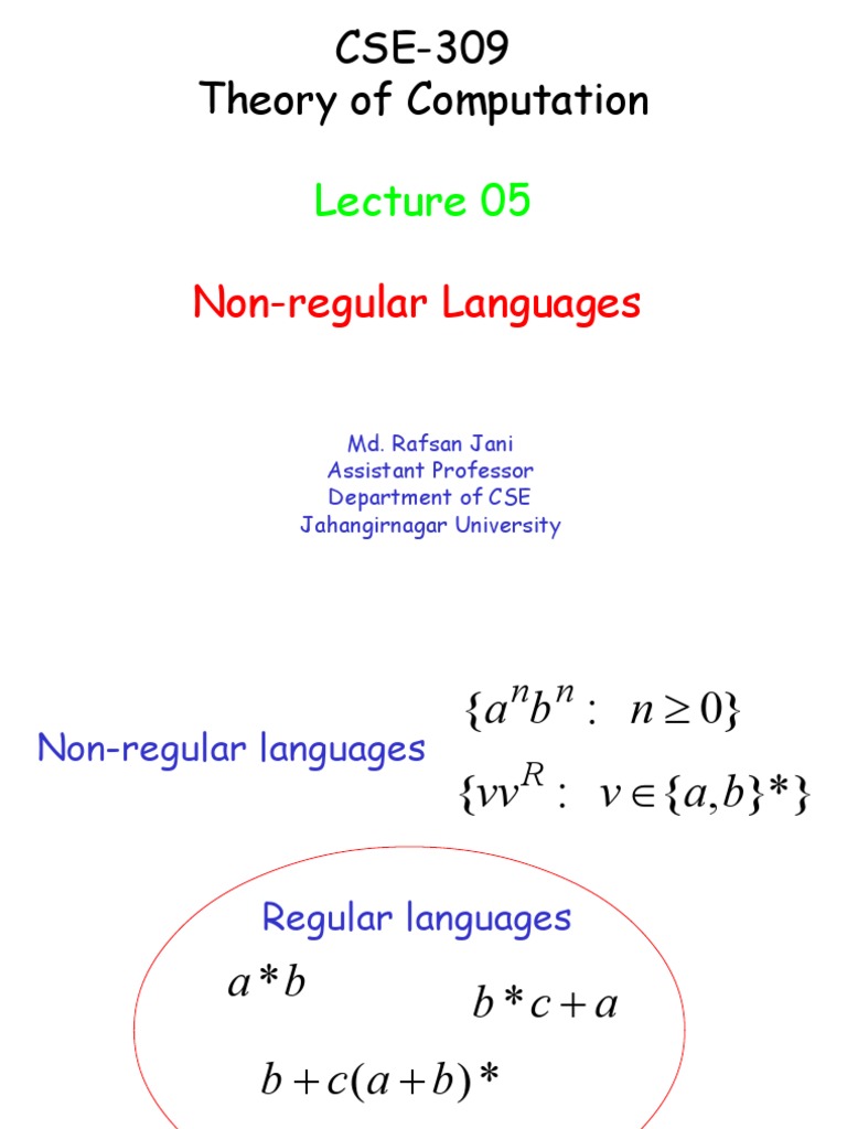 Non-Regular Languages: Md. Rafsan Jani Assistant Professor Department of CSE Jahangirnagar ...