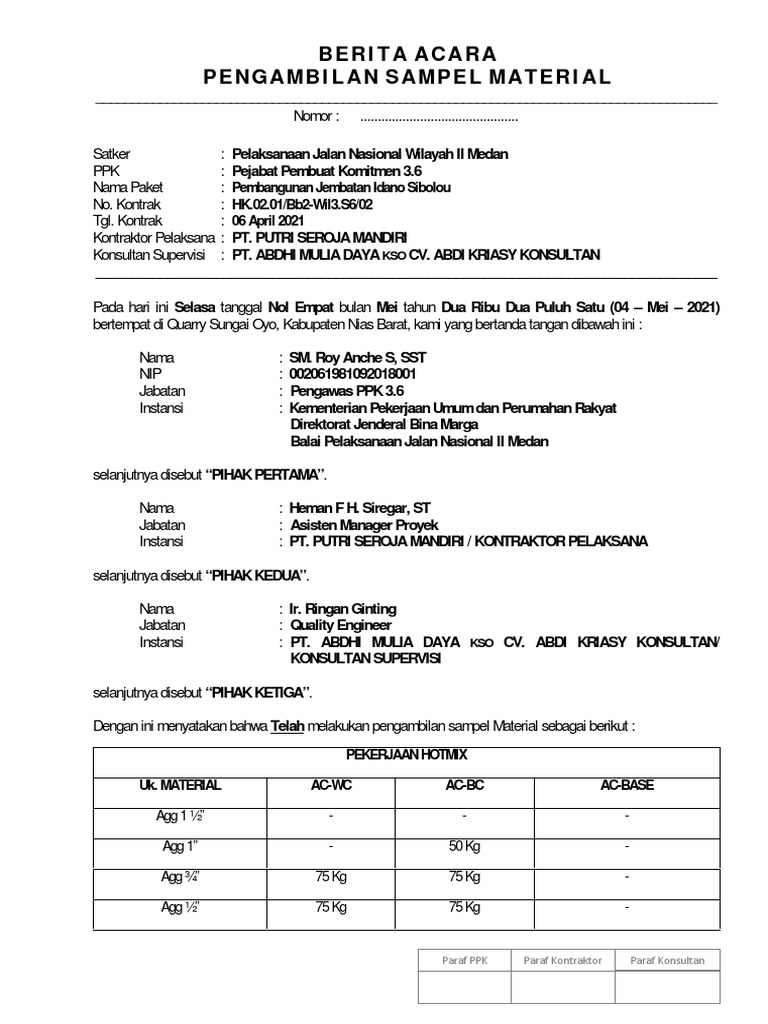 Berita Acara Pengambilan Sample Material | PDF