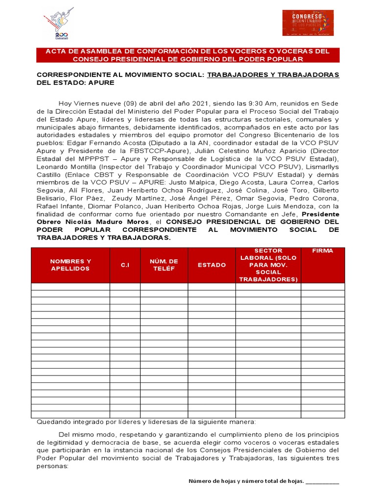 Acta de Conformación Del Consejo Presidencial de Gobierno Del Poder Popular | PDF | América del ...