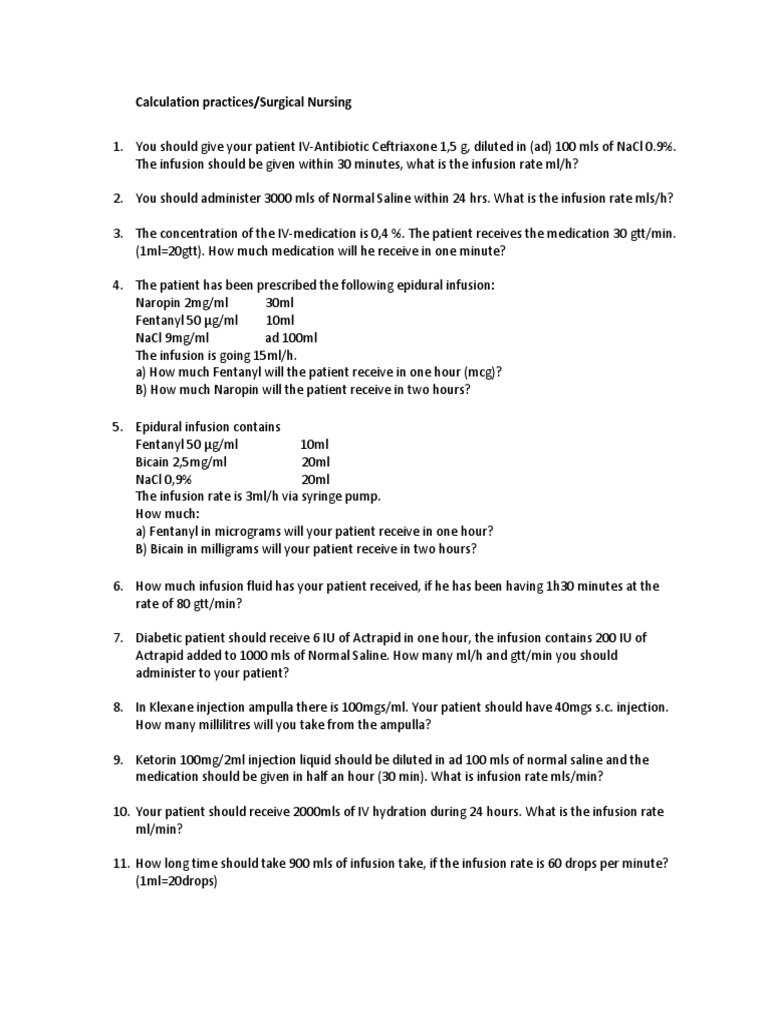 Surgical Nursing Calculation Practices | PDF | Saline (Medicine ...