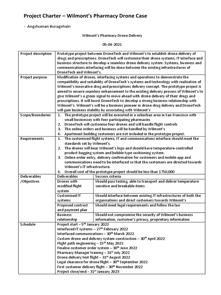 Project Charter Wilmonts Pharmacy | PDF | Pharmacy | Unmanned Aerial ...