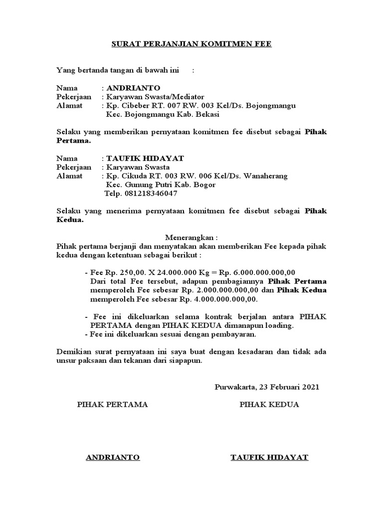 Surat Perjanjian Komitmen Fee1 | PDF