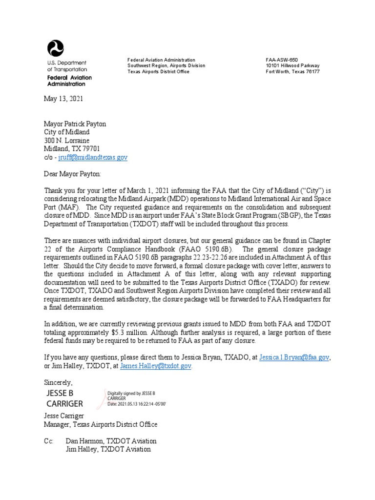MDD Potential Closure Letter FINAL May 2021 | PDF | Federal Aviation ...