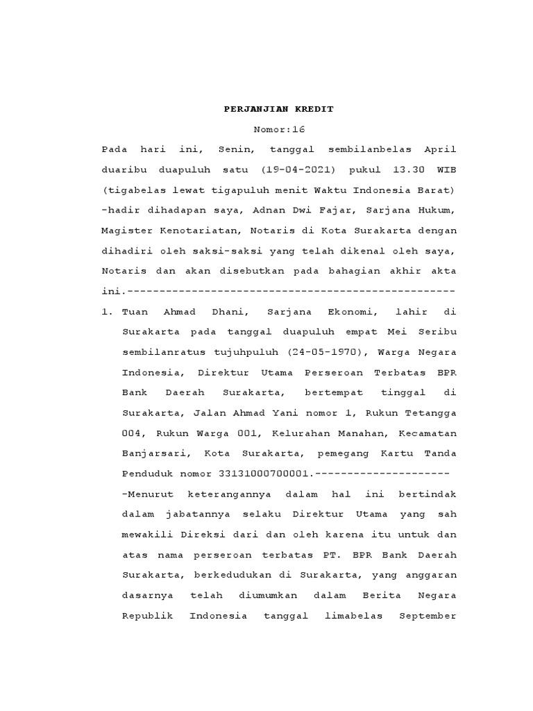 Adnan Dwi Fajar - 11000220410169 - A1 - Akta Perjanjian Kredit | PDF