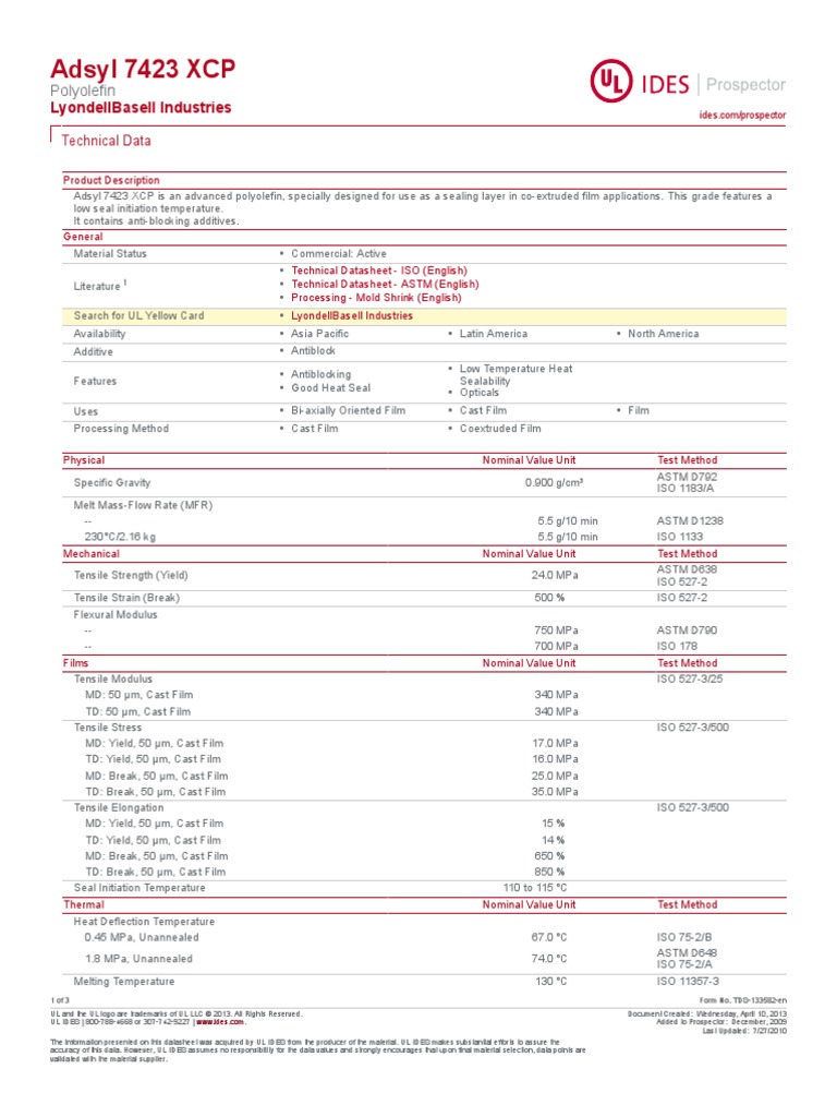 Adsyl 7423 XCP: Lyondellbasell Industries | PDF | Yield (Engineering ...